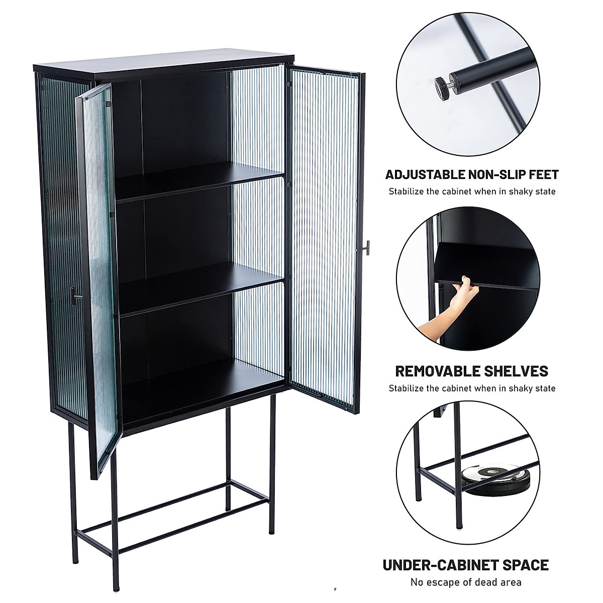 Retro Style Fluted Glass Storage Cabinet,Corner Cabinet Sideboard for Dining Room Entryway (Black)