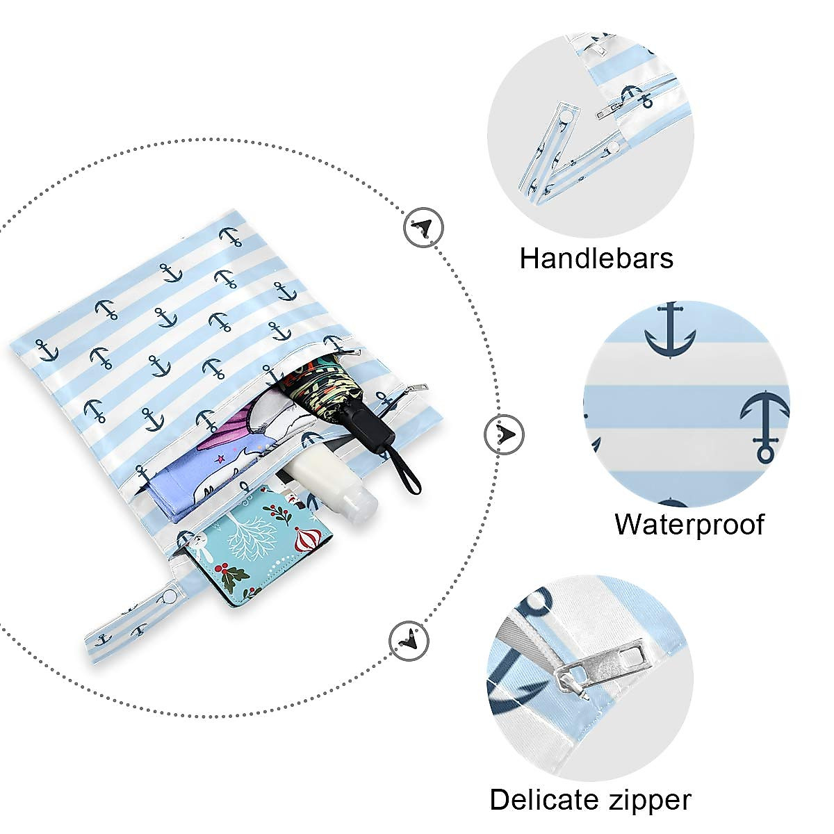 Waterproof Wet Dry Bag 2 Pack Nautical Anchor Stripe Pattern Cloth Diaper Bag Organizer Pouch Set with Zipper Pocket Washable Wet Bag for Travel Hiking Swimsuit