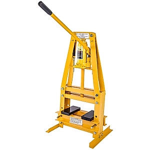 JEGS Hydraulic Shop Press | Steel With Yellow Finish | 6-Ton | Bench Top Mount | Up To 4 1/4-Inch Working Range | Includes 2 Press Plates | Lever-Action
