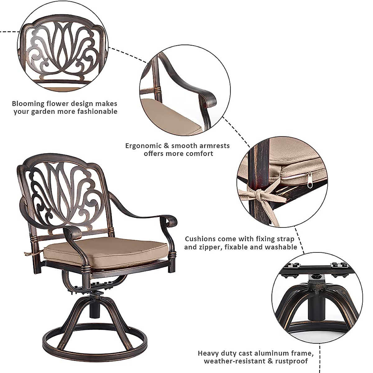 JOVNO Outdoor Furniture 2-Piece Cast Aluminum Bistro Swivel Arm Chair Set, Patio Dining Set-Bronze (Khaki)