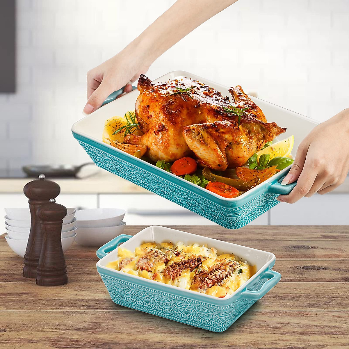 Hacaroa Set of 3 Ceramic Baking Dishes, Rectangular Bakeware with Handles, Elegant Casserole Dish Set Lasagna Pan for Baking, Cooking, Cake Dinner, Banquet, Lake Blue, 3 Sizes