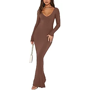 REORIA Women's Sexy Soft Lounge Ribbed Long Dress Fall Elegant Formal Wedding Guest Long Sleeve Deep V Neck Bodycon Maxi Dresses Coffee X-Large