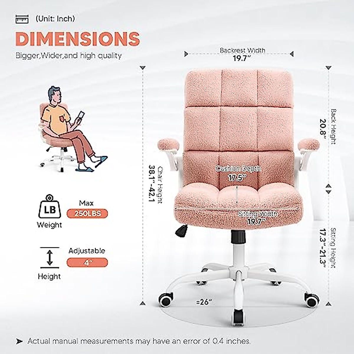 SEATZONE Pink Office Chair Home Office Desk Chairs with Flip-up Armrest, Rolling Desk Chair with Wheels, Faux Fur Computer Chairs Adjustable Backward Tilt