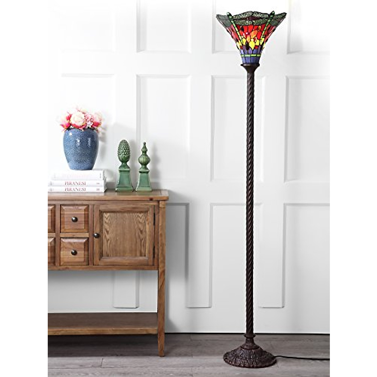 JONATHAN Y JYL8002B Dragonfly Tiffany-Style 71&quot; Torchiere Floor Lamp, Tiffany, Traditional, Art Nouveau Style, Elegant, Office, Living Room, Family Room, Dining Room, Bedroom, Foyer, Bronze/Green
