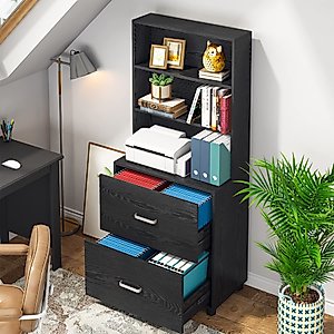 Tribesigns Vertical File Cabinet Modern Wood Filing Cabinet with 2 Large Drawer fit Letter/A4 Size, Large Printer Stand with 4 Open Storage Bookshelves for Home Office, Black