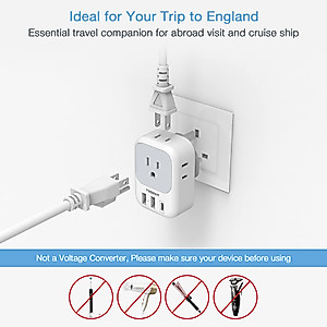 US to UK Plug Adapter, TESSAN Type G Travel Converter with 3 USB Charger(1 USB C Port), 4 Outlets Power Adaptor for USA to Qatar Ireland Hong Kong England Scotland Kenya Dubai London British