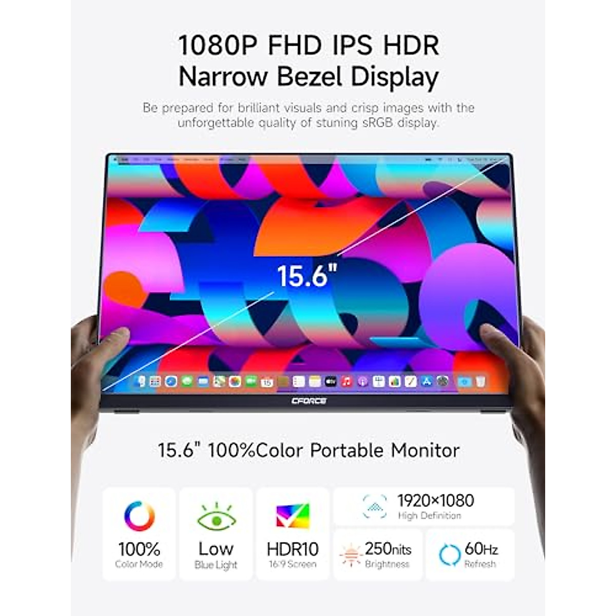 c-force Portable Monitor 15.6 inch FHD 1080P USB C HDMI Ultra-Slim IPS Computer Display w/Speakers, HDR Plug & Play, External Portable Monitor for Laptop PC Phone Mac Xbox PS5 Switch