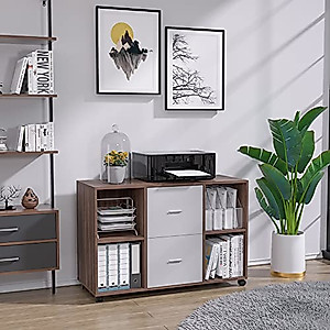 WILLIAMSPACE File Cabinet for Home Office，Filling Cabinets with 2 Drawer & 4 Open Shelves, Printer Stand with Storage Cabinet, Lateral Filling Cabinets on Wheels/Scanner (2 Drawer,Walnut + Grey)