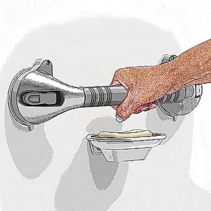 AquaChase 17“ Suction Shower Grab Bar with Indicators, Tool-Free Installation, Steady Handle for Balance Assist for Bathtub, Toilet, Bathroom, Dual Tone, Silver/Gray 2-Pack