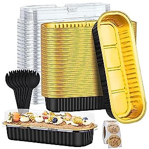Mini Loaf Pans with Lids, 6.8oz Mini Cake Pans Aluminum Foil Mini Loaf Baking Pans 50Pcs Disposable Long Baking Cups Muffin Tins Brownie Bread Pan Cupcake Liners for Wedding Birthday Party (Black)