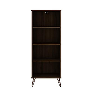 Manhattan Comfort Rockefeller Mid Century Modern 4 Shelves Home Office Bookcase with Metal Legs, 21.26", Brown
