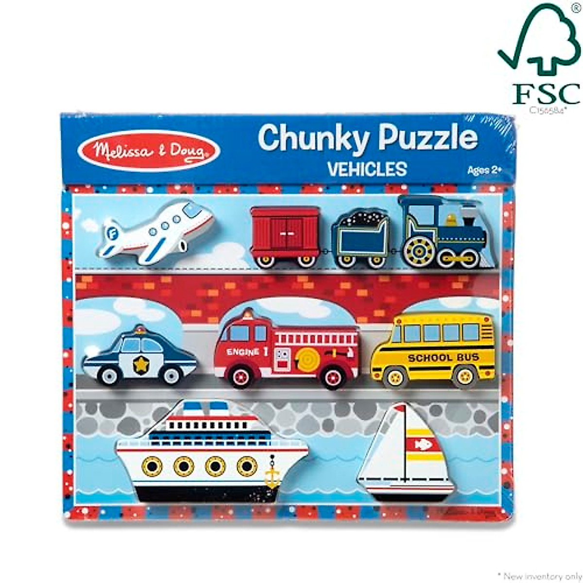 Melissa & Doug Vehicles Wooden Chunky Puzzle - Plane, Train, Cars, and Boats (9 pcs) - FSC Certified