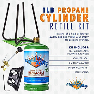 Flame King Refillable 1 lb Empty Propane Cylinder Tank - with Refill Kit and CGA600 Connection - Reusable - Safe and Legal Refill Option - DOT Compliant - 16.4 oz, Green
