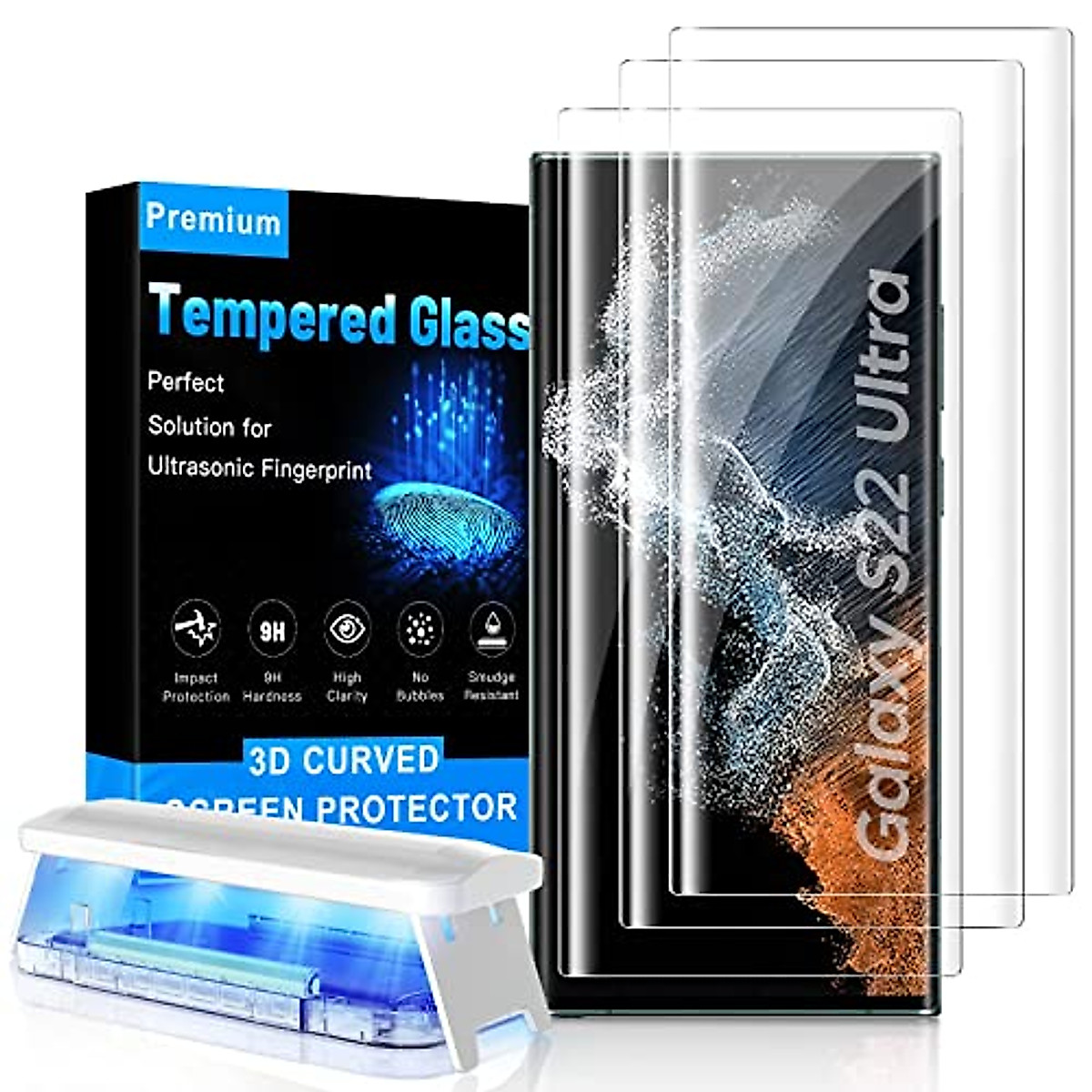 Mowei [3-Pack] for Galaxy S22 Ultra Screen Protector [Fully Support Fingerprint & S Pen] 3D Curved Tempered Glass for Samsung S22 Ultra 5G [Impact & Scratch Protection]