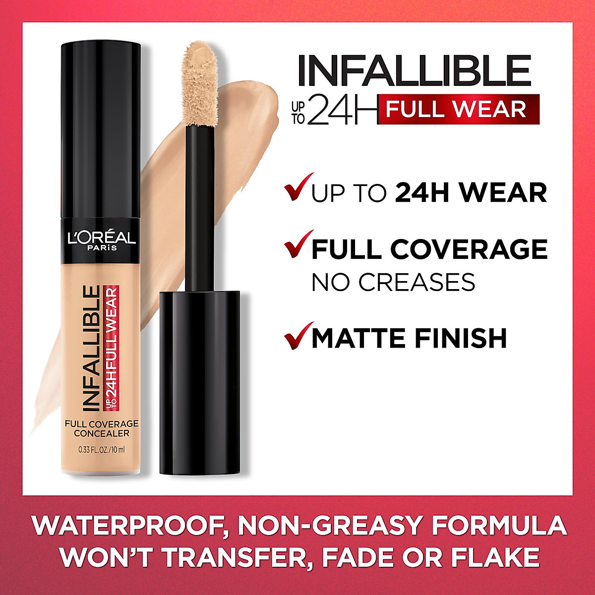 L’Oréal Paris Makeup Infallible Full Wear Waterproof Matte Concealer, Full Coverage, Cashmere, 0.33 fl. oz.