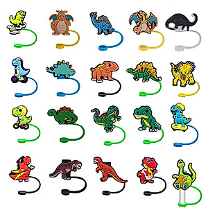 20pcs Silicone Dinosaur Straw Cover Pack Reusable Drinking Straw Caps Lids Dust-Proof Straw Plugs for Straw Tips for Kids Birthday Party Favors School Carnival Reward Prizes Decoration Supplies