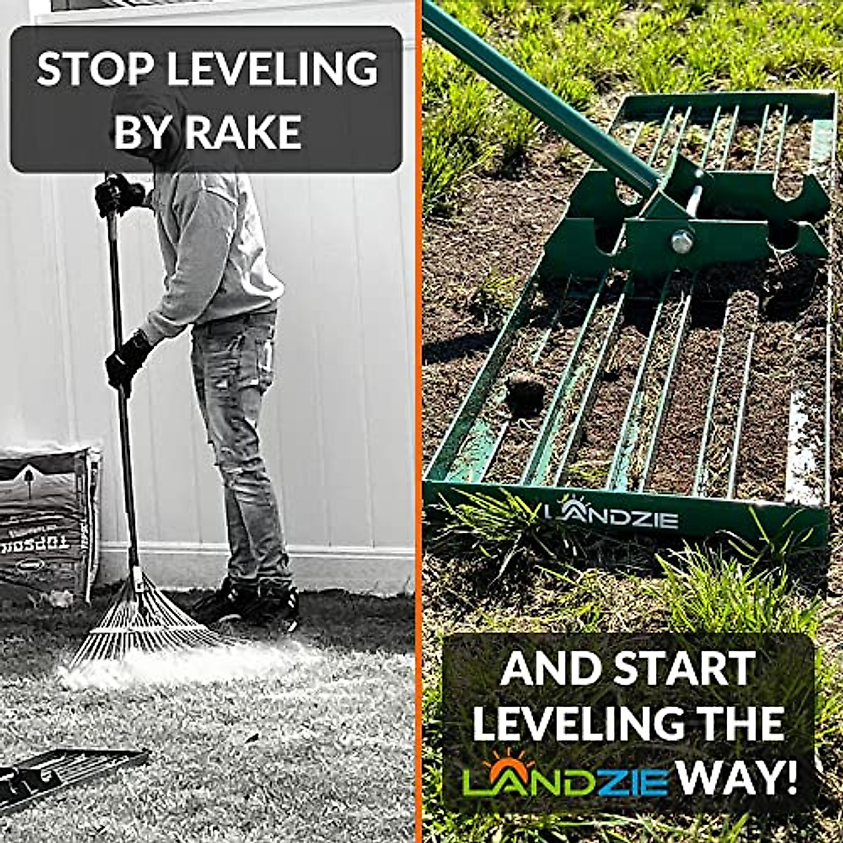 Landzie and Ryan Knorr Lawn Care 36 Inch Wide 72 Inch Handle Powder Coated Yard, Lawn, and Garden Leveler Rake with Powder Coated Finish