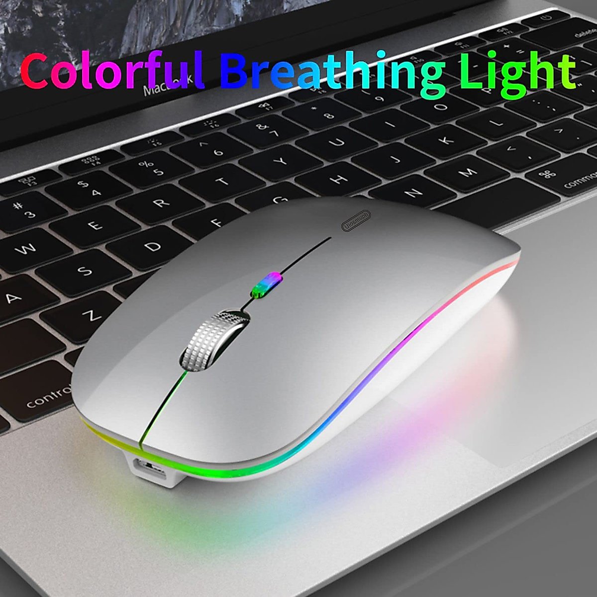 Uiosmuph LED Wireless Mouse, G12 Slim Rechargeable Silent Mouse, 2.4G Portable Optical Computer Mice with USB Receiver and Type C Adapter (Silver)