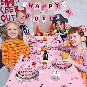 Halloween Happy Boo Day Baby Shower Party Decorations,Pink Ghost Pumpkin Disposable Tableware Paper Plates Napkins Cups Tablecloth Banner for Girl Halloween Birthday Baby Shower Party Supplies,Serve25