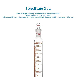 stonylab Measuring Cylinder with Stopper, 250 ml Heavy Wall Borosilicate Glass Measuring Graduated Cylinder with 24/40 Standard Ground Joint and Flat Head Stopper, 1 Pack
