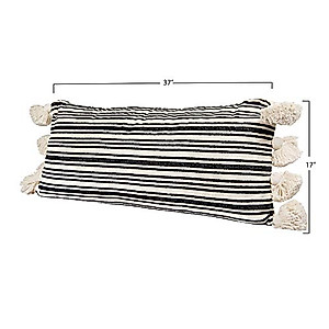 Creative Co-Op White Cotton & Chenille Woven Lumbar Raised Black Stripes & Thick Tassels Pillows