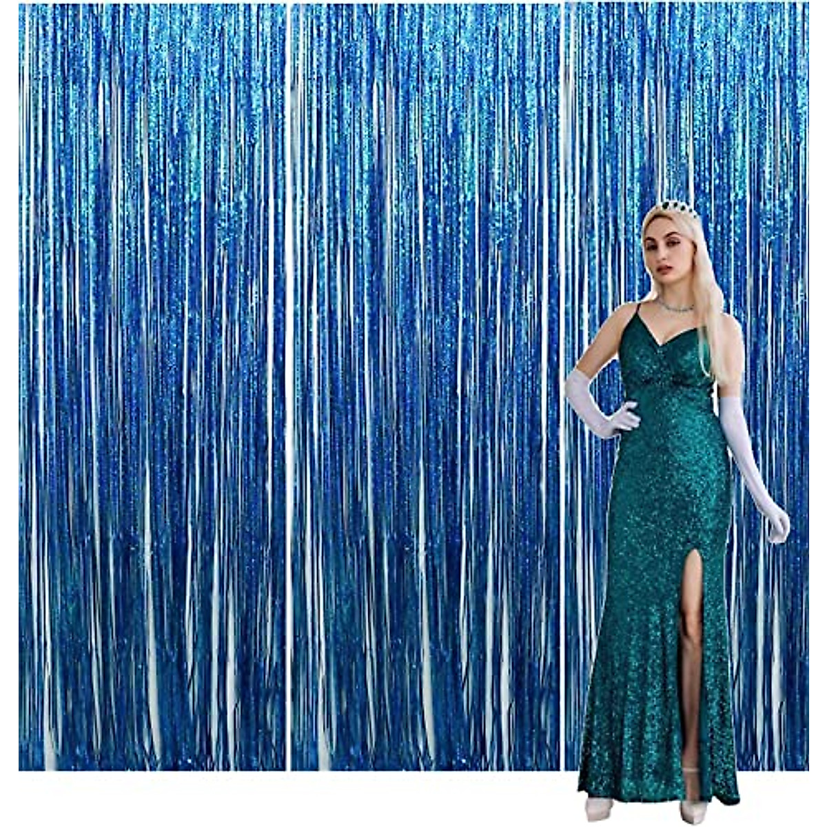 Foil Fringe Backdrop, 3 Pack 3.3 ft x 8.2 ft Photo Booth Backdrop Curtain for Parties - Tinsel Curtain Fringe Backdrop Party Decorations for Birthday, Wedding or Bachelorette Party (Laser Blue)