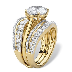 PalmBeach 18k Yellow Gold or Platinum Plated Sterling Silver Round Cubic Zirconia 2 Piece Jacket Bridal Ring Set Size 9