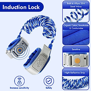 Lehoo Castle Toddler Leash, 4.9ft Kid Leash Wrist with Induction Lock, Anti Lost Wrist Link for Toddlers, Reflective Leash for Kids, Child Leashes for Toddlers (Navy Blue)