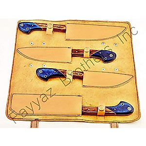 Custom Hand Made Damascus Steel Kitchen Knives Set/Chef Knives Set/BBQ Knife 4-Pieces Set FBK-01041, 01043, 01052, 01055, 01058, 01062 and 01063 (Cognac and Blue Colored Wood)