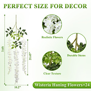 Pauwer Wisteria Hanging Flowers 24 Pack Fake Flower Garland Artificial Wisteria Vines Rattan Silk Flower String Wedding Party Wall Decorations,White
