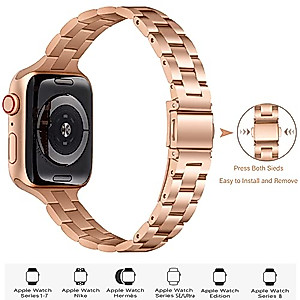 OMIU Thin Band Compatible with Apple Watch 40mm 38mm 41mm 42mm 44mm 45mm 49mm, Premium Stainless Steel Metal Replacement Adjustable Wristband Strap for iWatch Ultra SE Series 8/7/6/5/4/3/2/1 Women Men