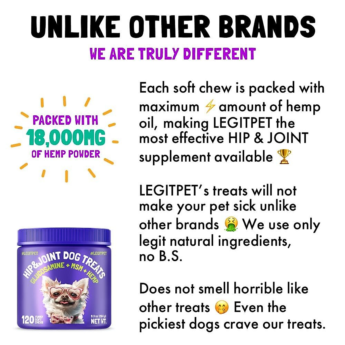 LEGITPET Hemp Hip & Joint Supplement for Dogs Soft Chews Made in USA Functional Glucosamine for Dogs Chondroitin MSM Turmeric Hemp Seed Oil Natural Pain Relief Mobility Advanced Joint 120 Treats