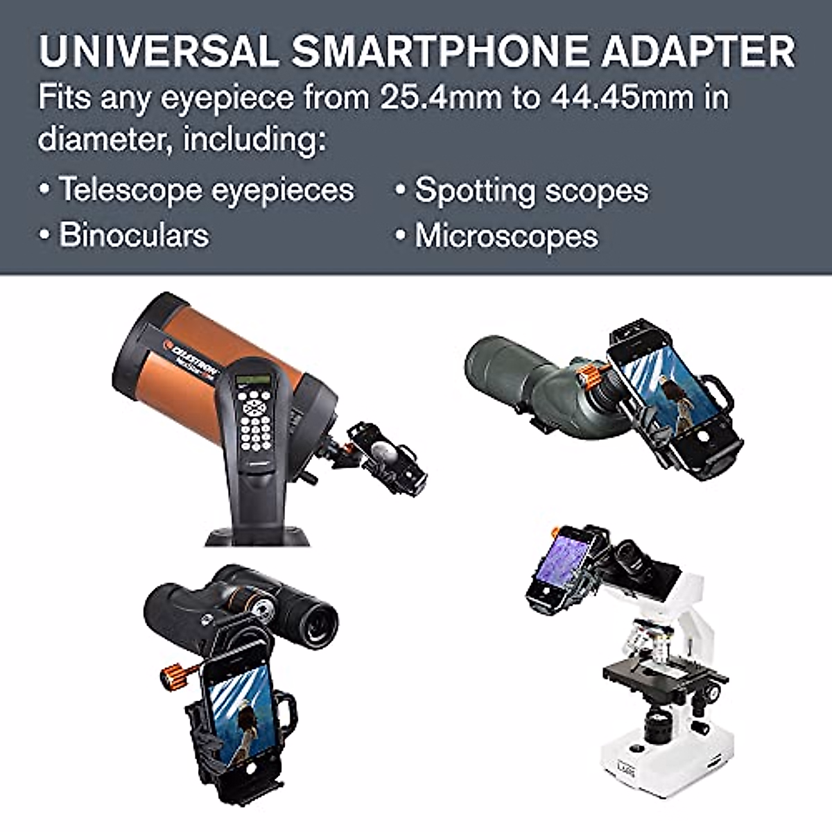 Celestron - NexGO 2-Axis Universal Smartphone Adapter - Digiscoping Smartphone Adapter - Capture Images and Video Through Your Telescope or Spotting Scope