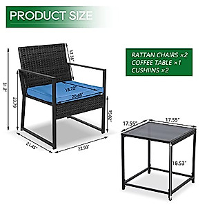B BAIJIAWEI 3PCS Wicker Patio Furniture Sets Outdoor Bistro Set Wicker Chair Conversation Sets with Coffee Table for Yard, Backyard, Porch, Bistro (Black Wicker-Blue Cushion)