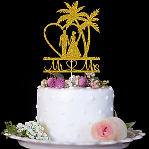 Funny Wedding Cake Topper Tropical Palm Tree Hawaii Beach Themed Wedding Party Supplies Bride & Groom with Hand in Hand Travel Theme Party Decors Gold Glitter
