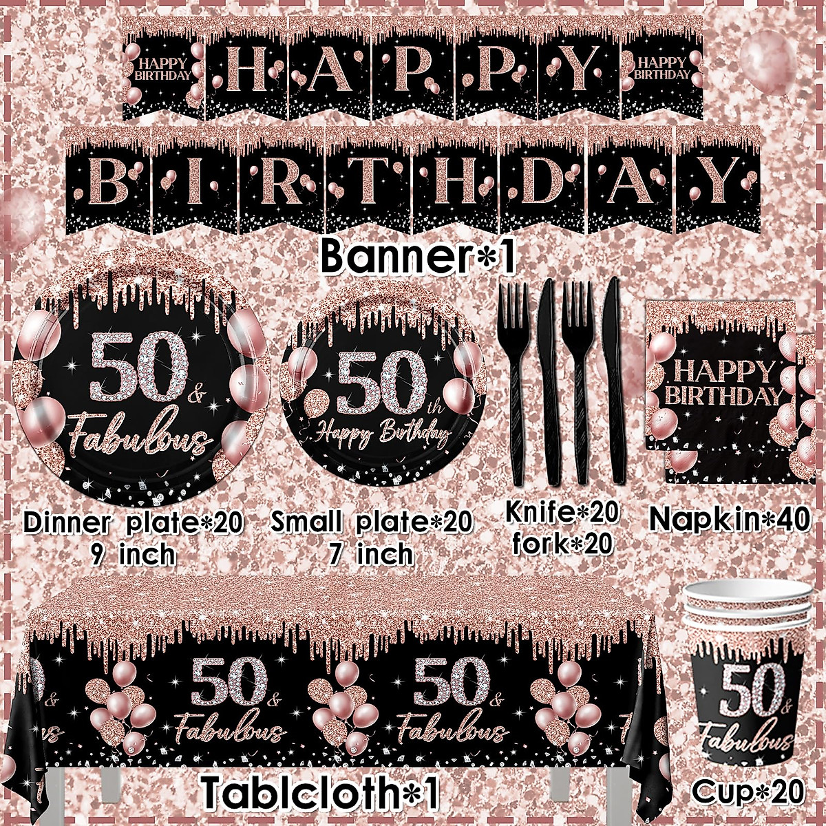 142Pcs 50th Birthday Tableware Decorations,Black Rose Gold Tableware Set 50th Birthday Plates and Napkins Cup Rose Gold Tablecloth Happy Birthday Banner for Women Birthday Disposable Supplies Serve 20