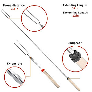 QUTHZZHY Roasting Sticks, Stainless Steel Smore Skewers with Wooden Handle, 32 Inch Extendable BBQ Forks Telescoping Smores Sticks for Fire Pit, Campfire