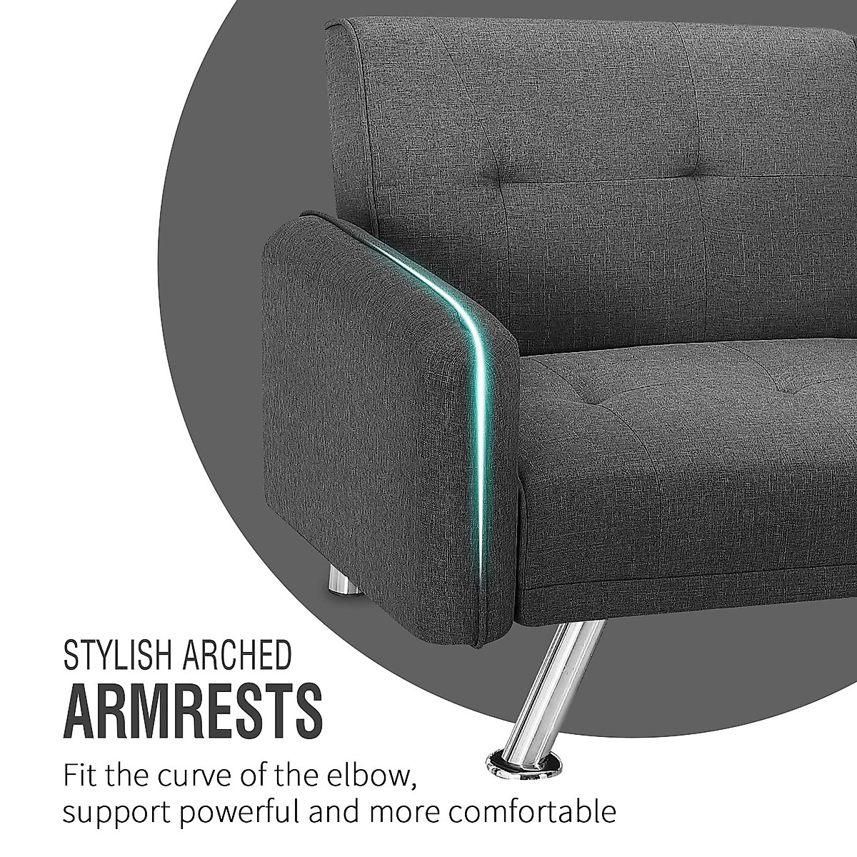 IULULU Futon Sofa Bed, Convertible Couch with 2 Cup Holders Loveseat with Armrest for Studio, Apartment, Office, Living Room, Dark Grey