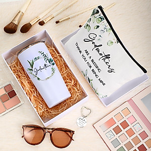 Sieral 3 Pcs Godmother Proposal Gift Sets Including Godmother Travel Tumbler with Lid Straw and Godmother Makeup Bag and Keychain from Godchild for Mother's Day Holiday Birthday Appreciation Gifts