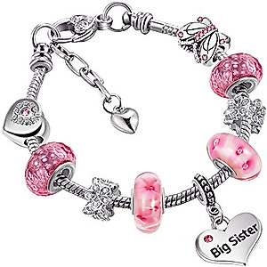 Hicarer Big Sis Gift Shiny Bracelet Crystal Charm Bangle Jewelry Wristband with Gift Box Set for Hers Lady(Pink Butterfly)
