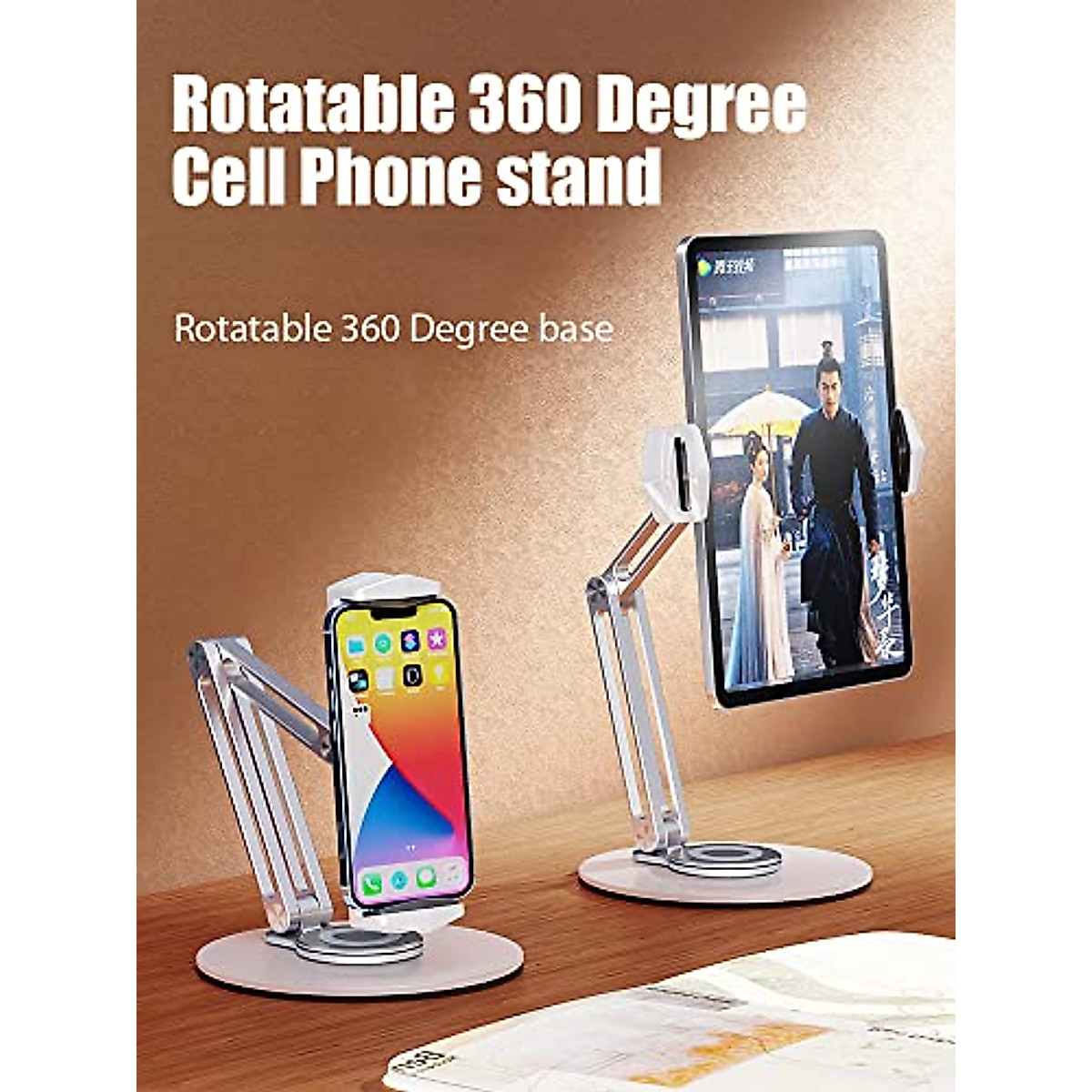 Cell Phone Stand, Adjustable Phone Holder, Rotatable 360 Degree Base Phone Stand for Desk, Adjustable Two Riser Foldable Phone Mount Compatible with iPhone Pro, XR, Plus, Samsung Galaxy, Google Pixel
