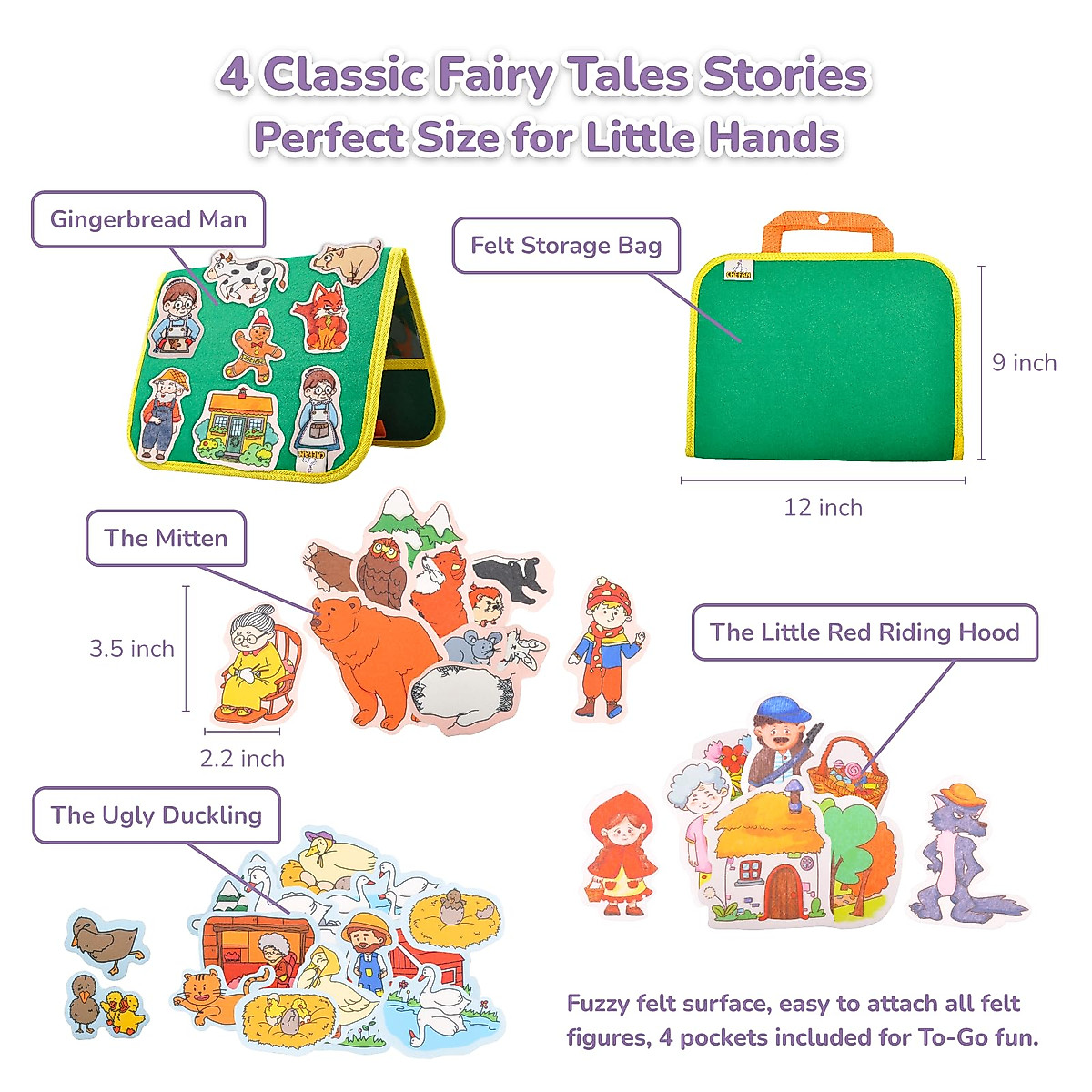 CHEFAN 4 Pack Felt Board Story Set, The Mitten, The Little Red Riding Hood, Gingerbread Man, Ugly Duckling, Precut Felt/Flannel Figure Pieces Teaching Wall for Preschool Activity Early Storytelling