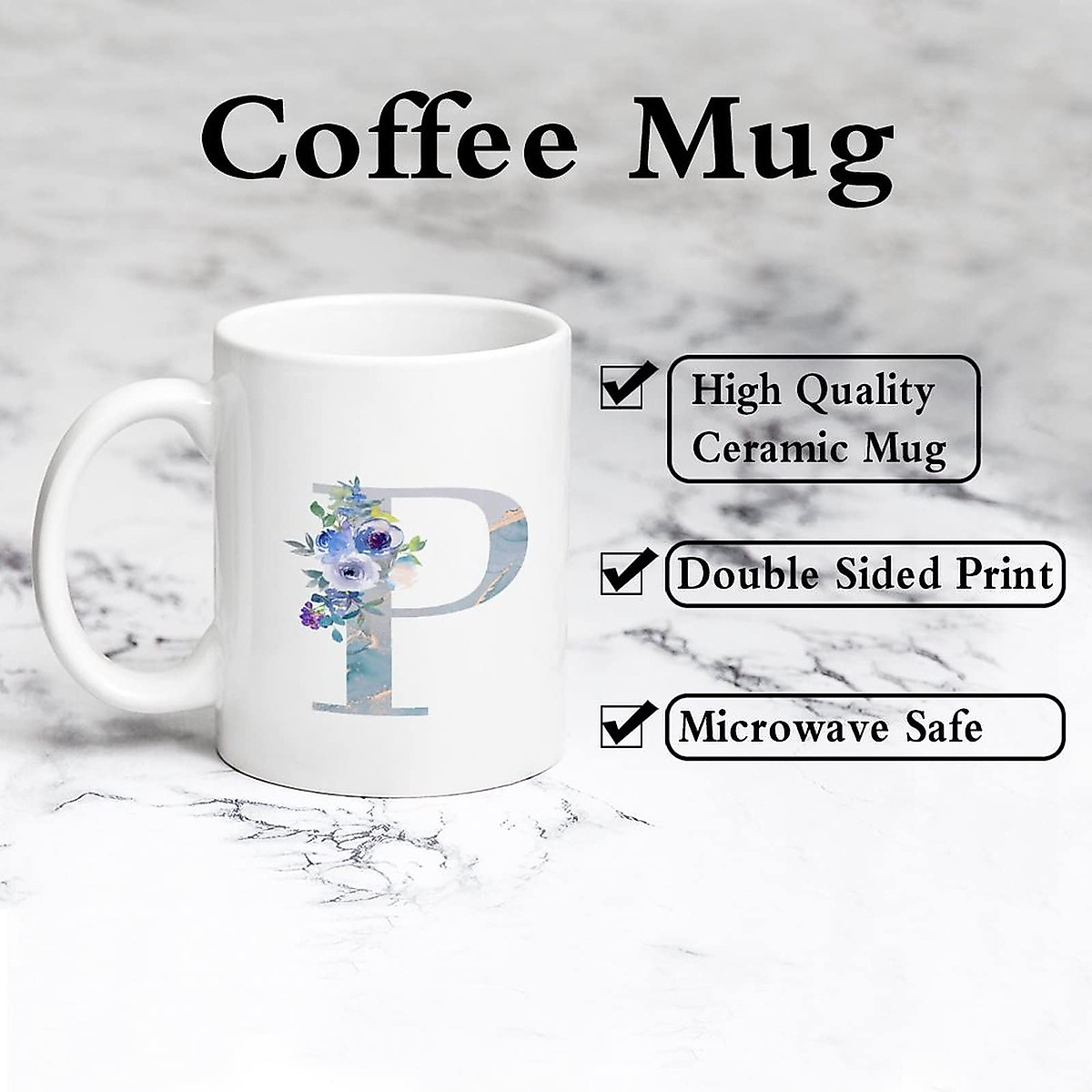 Monogram Letter P Coffee Mugs Marbling Letter Blue Flower Funny Coffee Mugs Alphabet Letters Porcelain Coffee Mugs Drinking Cups with Handle Friendship Gift For Mom Dad Grandma Grandpa Women Men 11oz