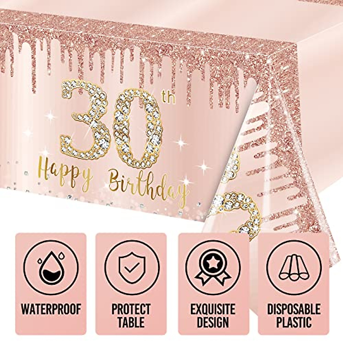 Excelloon 3 Pack 30th Birthday Tablecloth Decorations for Women, Pink Rose Gold Happy 30 Birthday Table Cover Party Supplies, Thirty Year Old Birthday Plastic Disposable Rectangular Table Cloth Decor