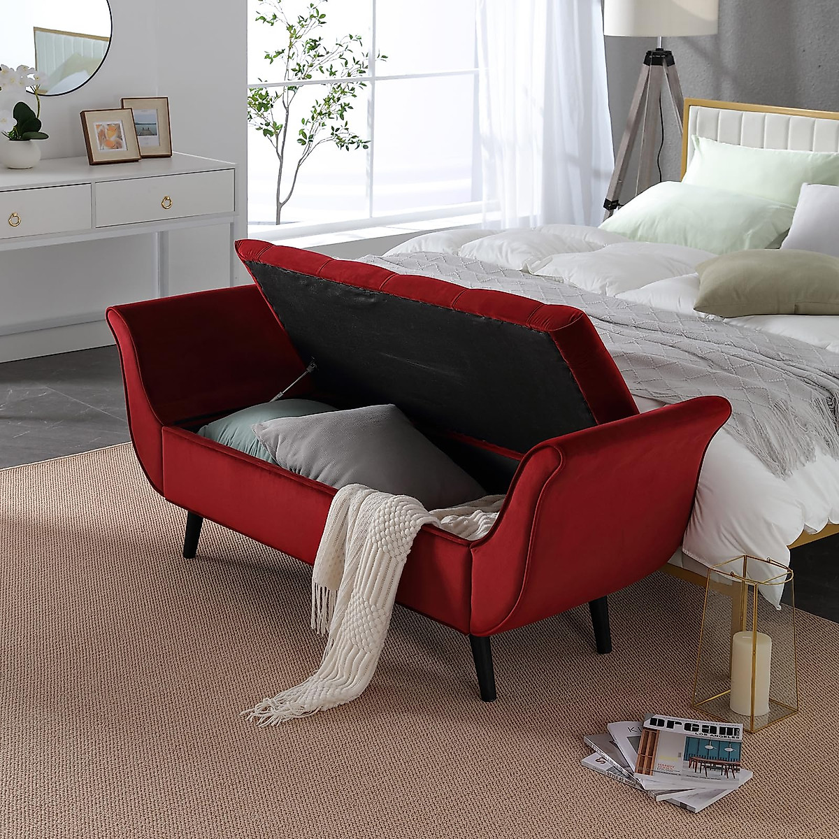 RXRRXY Velvet Storage Bench for Bedroom,Eed of Bed Bench with Ottoman, Button Tufted King Size Upholstered Benches with Armrest and 4 Sturdy Wooden Legs for Entryway, Living Room (Red)