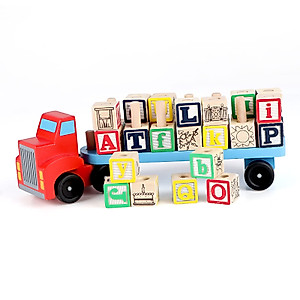 Wooden Alphabet Blocks Truck Wooden Building Blocks Car for Toddlers 28 pcs Stacking Blocks and A Truck Montessori Preschool Learning Toys for Toddlers