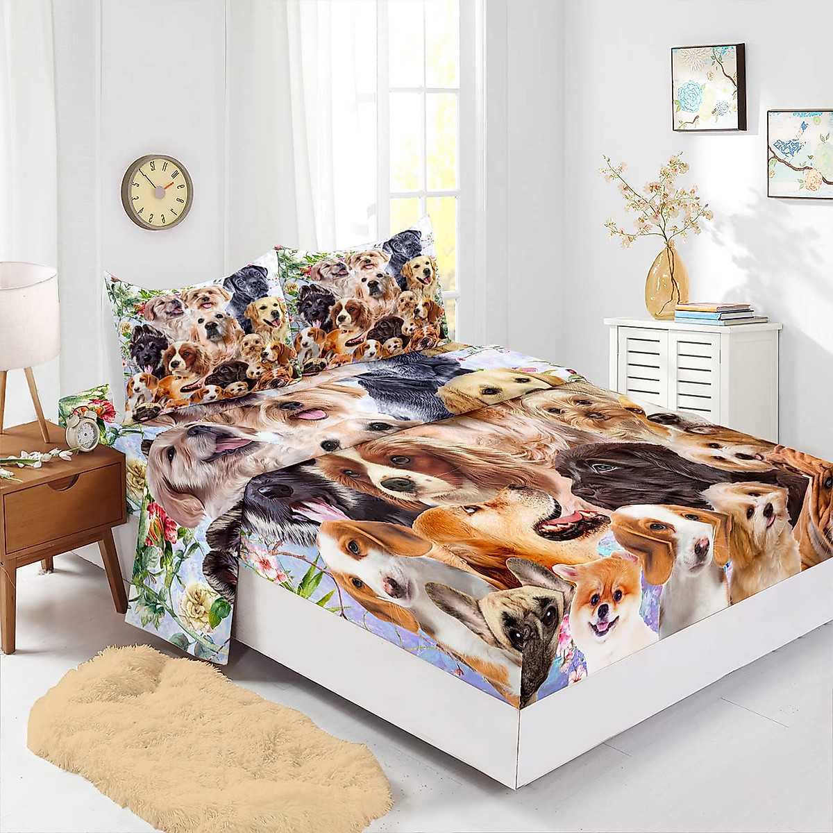 CVHouse 3D Dogs Bed Sheets Sets Full Size,3D Dog Bedding Sets for Kids Teens,Animal Theme Dogs Fitted Sheet Sets,1 Flat Sheet & 1 Fitted Sheet with 2 Pillow Cases - 4 Pieces