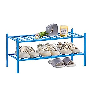 quiqear Bamboo Shoe Rack, 2 Tier Shoe Rack Organizer, Stackable & Durable Shoe Shelf Holder, Free Standing Shoe Racks, Shoe Storage Organizer for Entryway, Closet, Hallway (Blue)