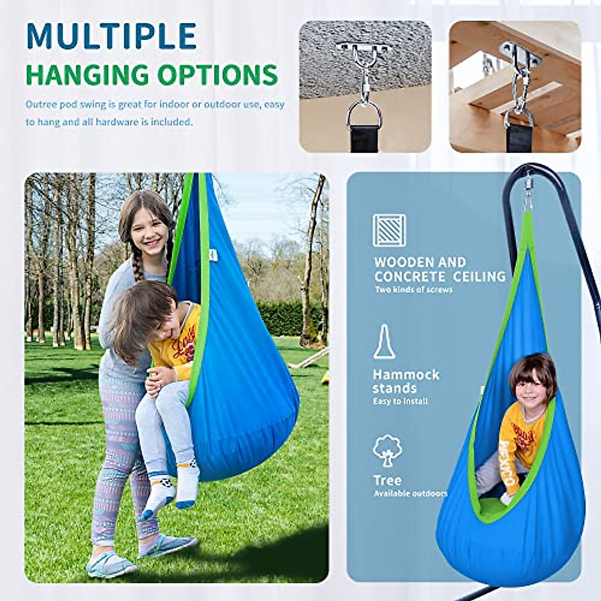 OUTREE Kids Pod Swing Seat Cotton Child Hammock Chair for Indoor and Outdoor use (Blue)