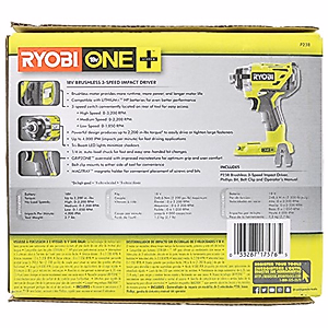 Ryobi P238 18V One+ Brushless 1/4 2,000 Inch Pound, 3,100 RPM Cordless Impact Driver w/ Gripzone Overmold, Belt Clip, and Tri-Beam LED (Power Tool Only, Battery Not Included)